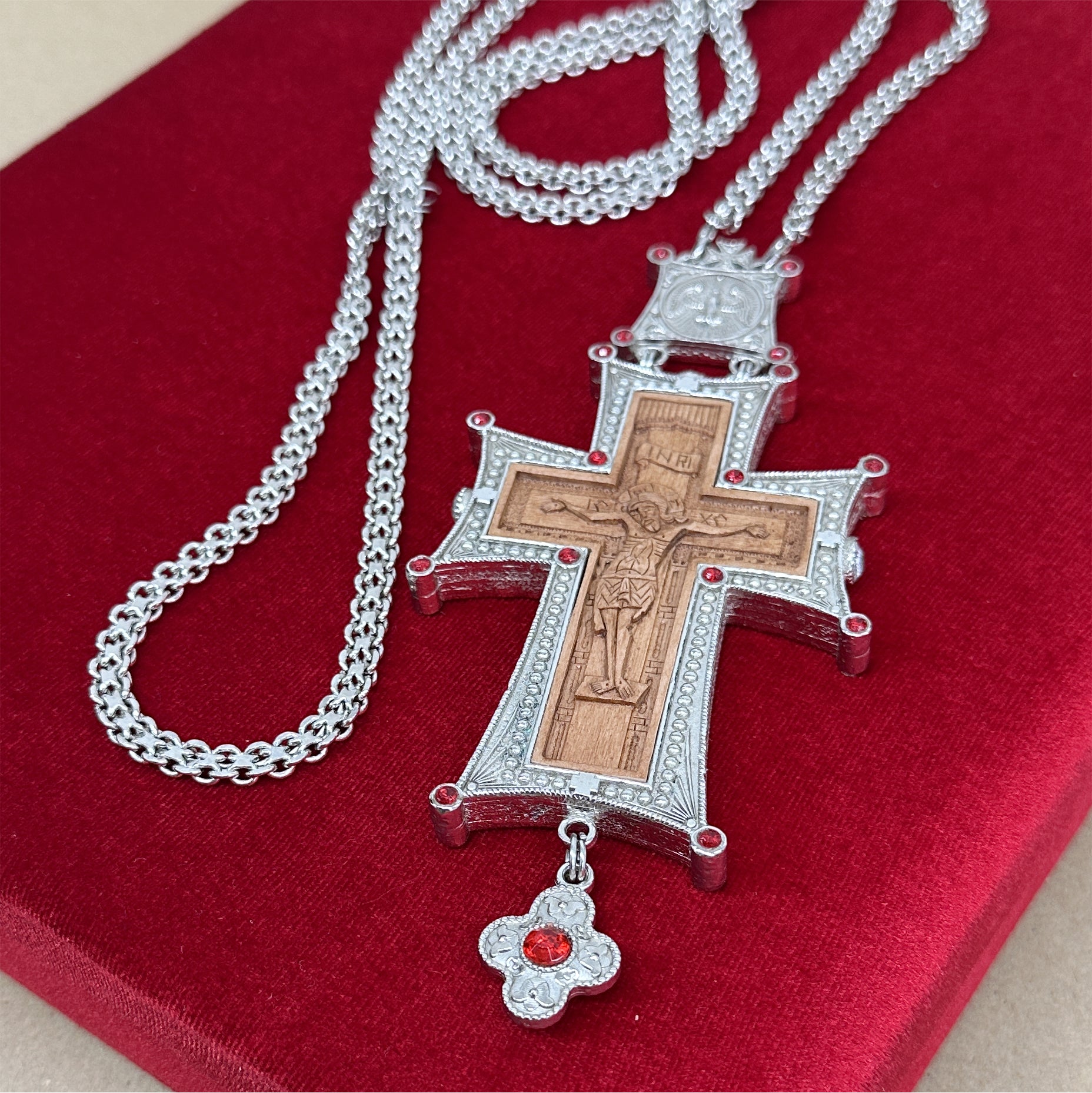 Sterling Silver Pectoral Cross with Precious Stones and Hand-Carved Wo ...